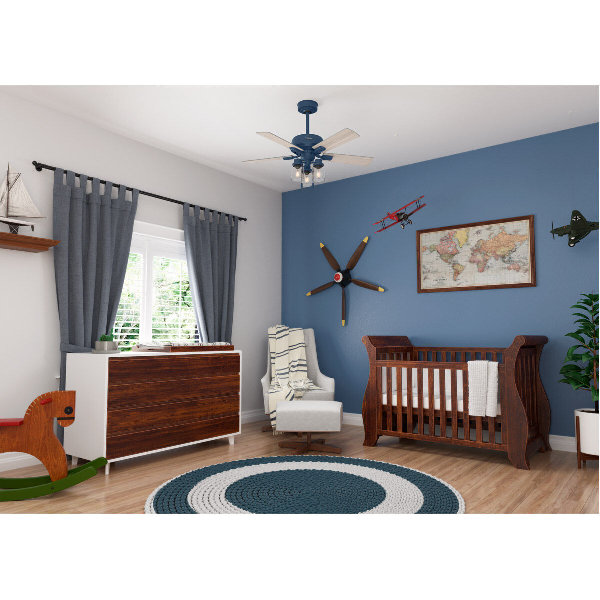 Hunter Fan 50328 Hartland 44 inch Indigo Blue with Light Gray Oak ...