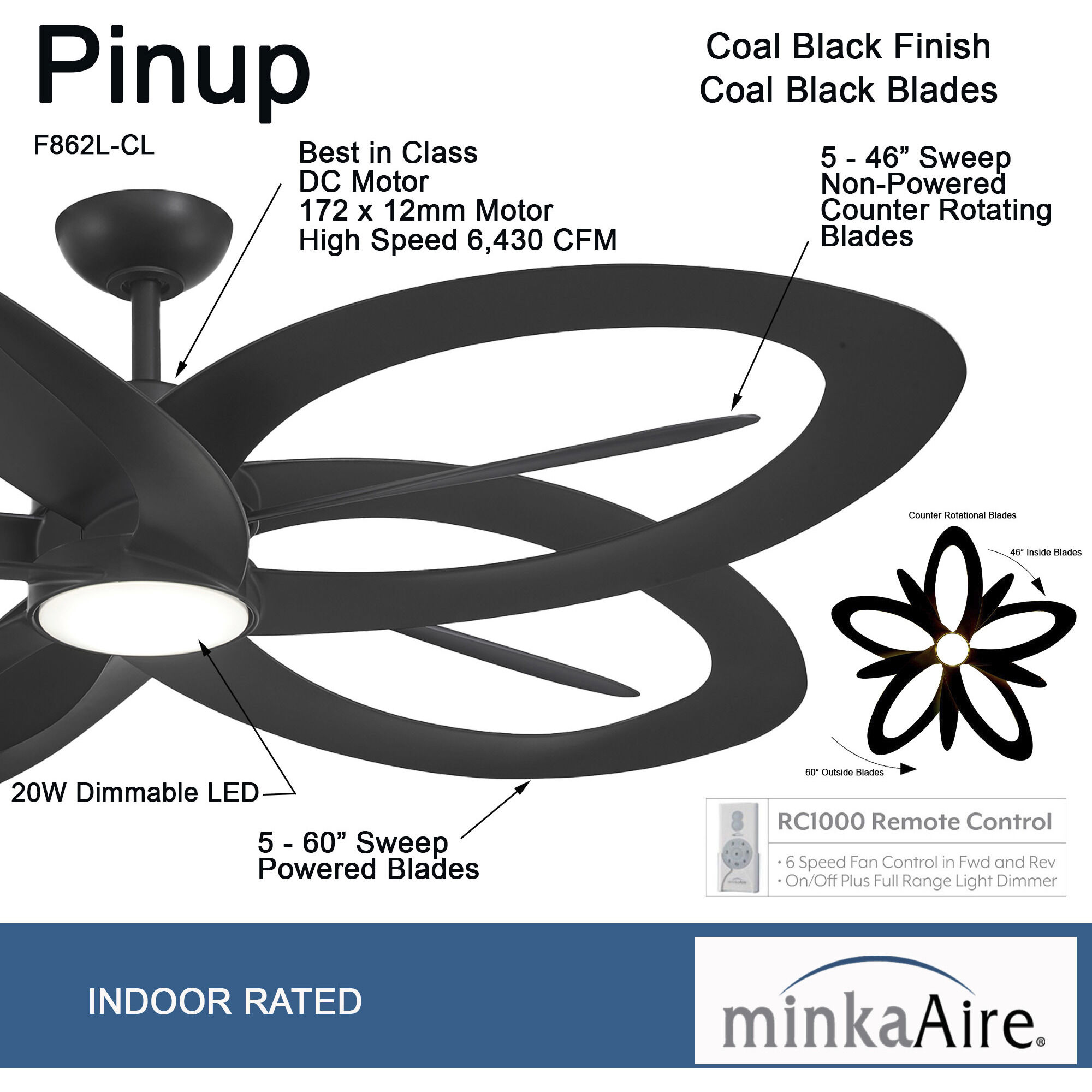 Minka-Aire F862L-CL Pinup 60 inch Coal Ceiling Fan