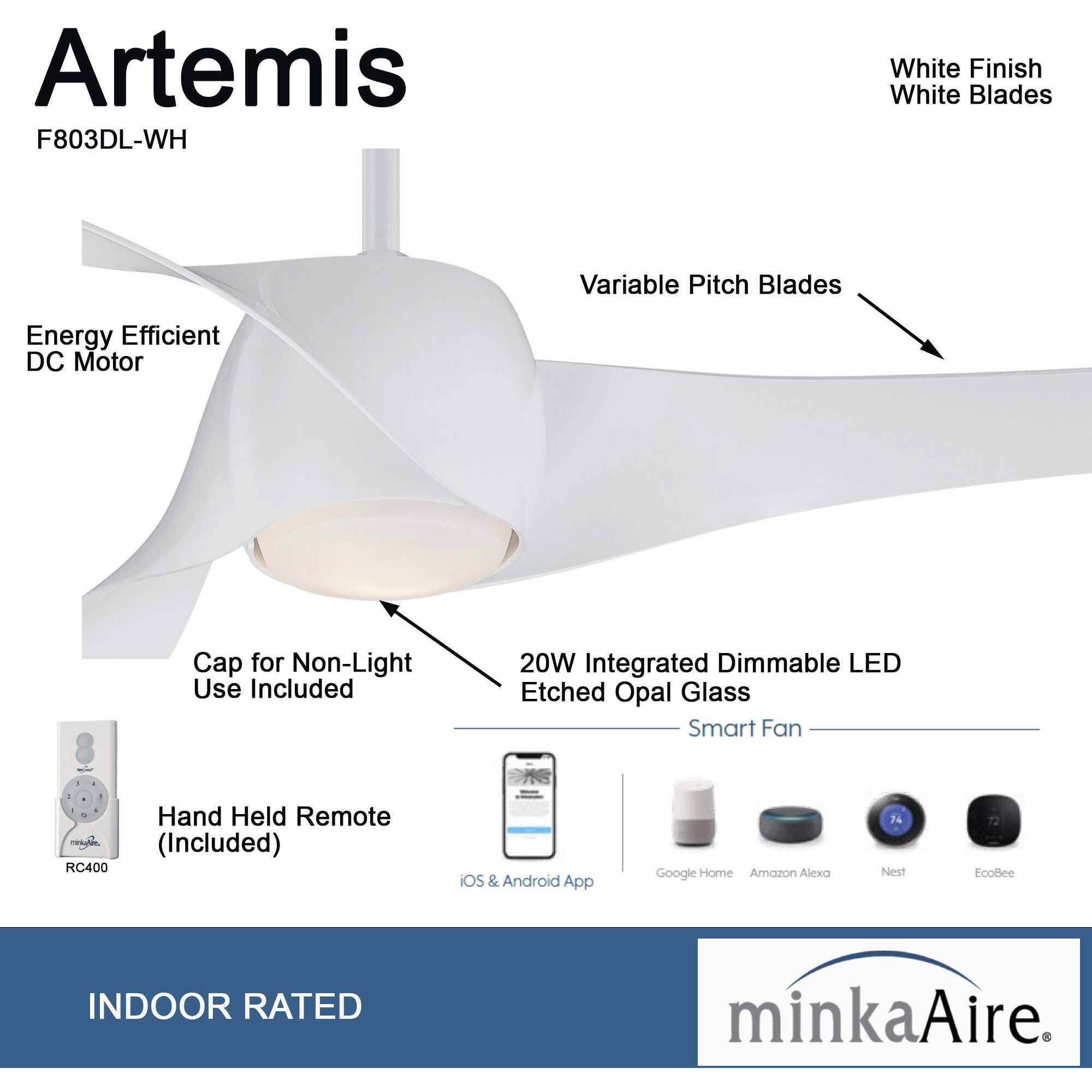 Minka-Aire F803DL-WH Artemis 58 inch White Ceiling Fan