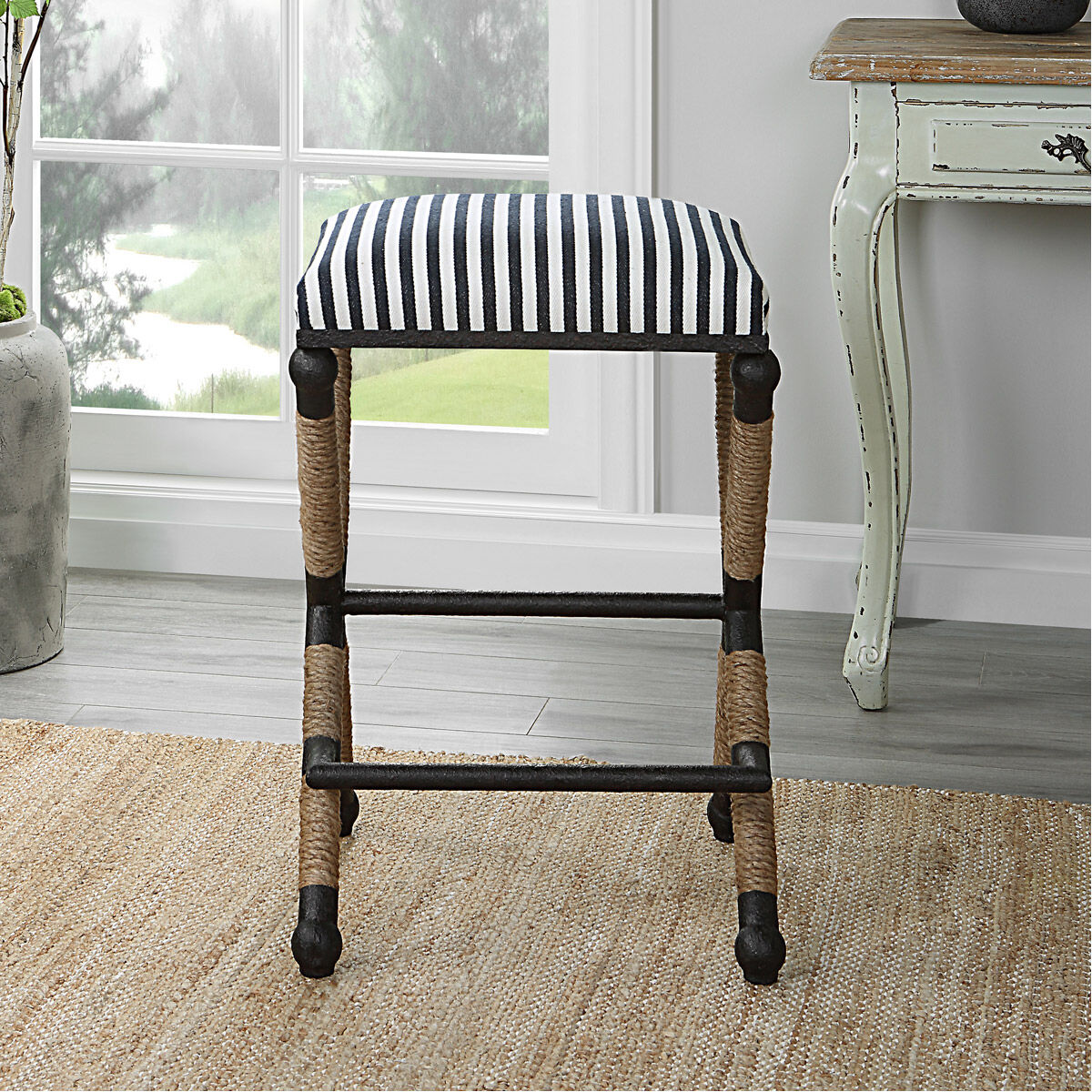 Braddock 28 inch Rustic Iron and Natural Fiber Rope with Navy Cream Counter Stool