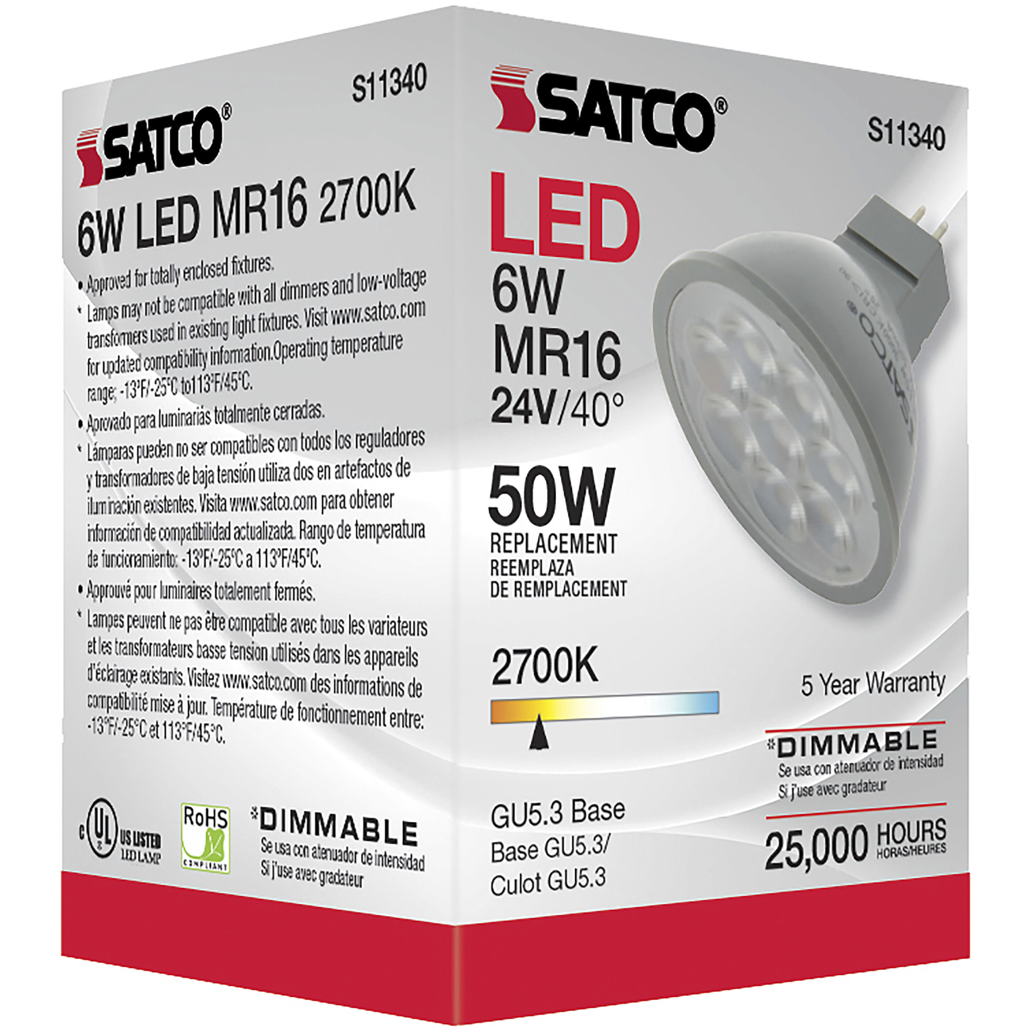 Satco S11340 Lumos LED MR16 6.00 watt 2700K Light Bulb