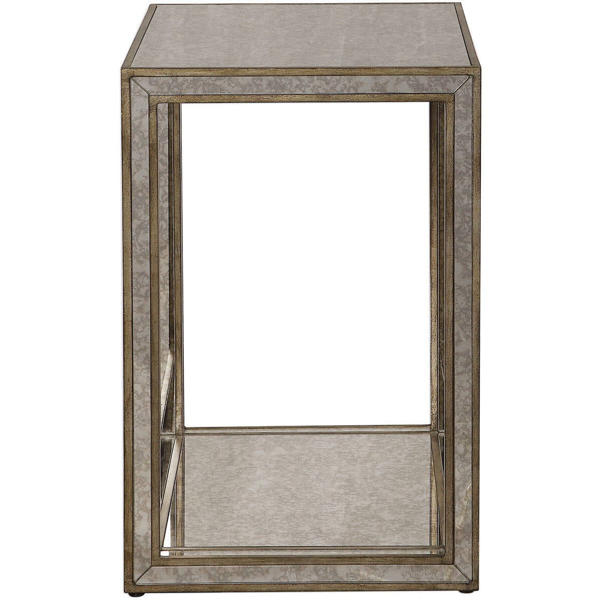 Julie 24 X 22 inch Burnished Antique Gold and Mottled Antique Mirror End Table