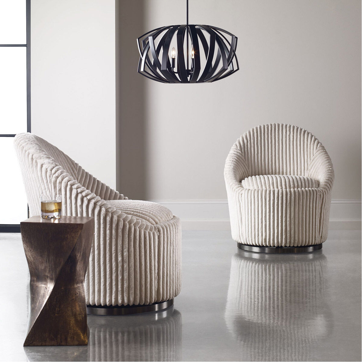 Uttermost 23578 Crue Ivory Chenille Fabric and Brushed Black Nickel Swivel Chair
