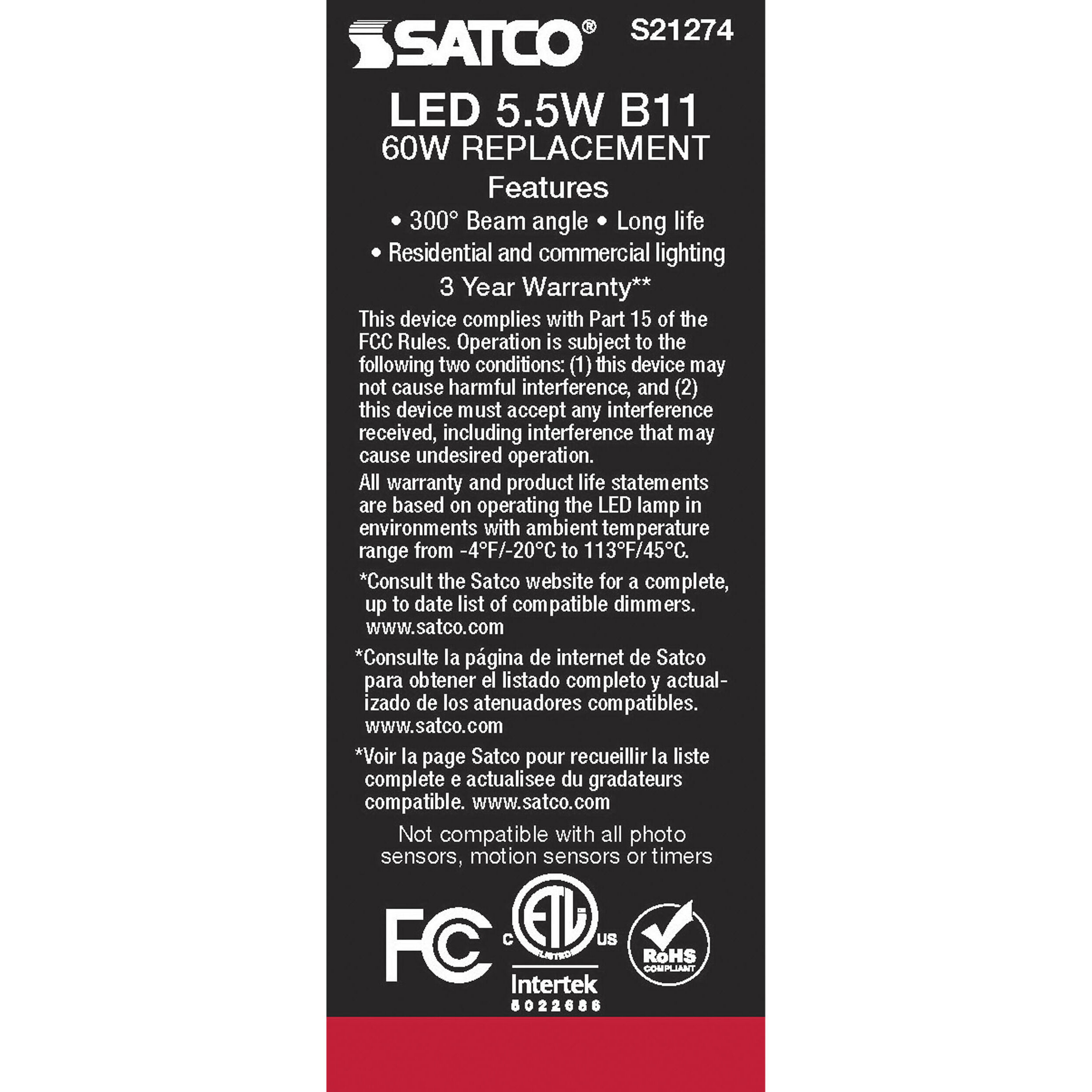 Satco S21274 Lumos LED Candelabra Candelabra 5.50 watt 3000K LED Filament