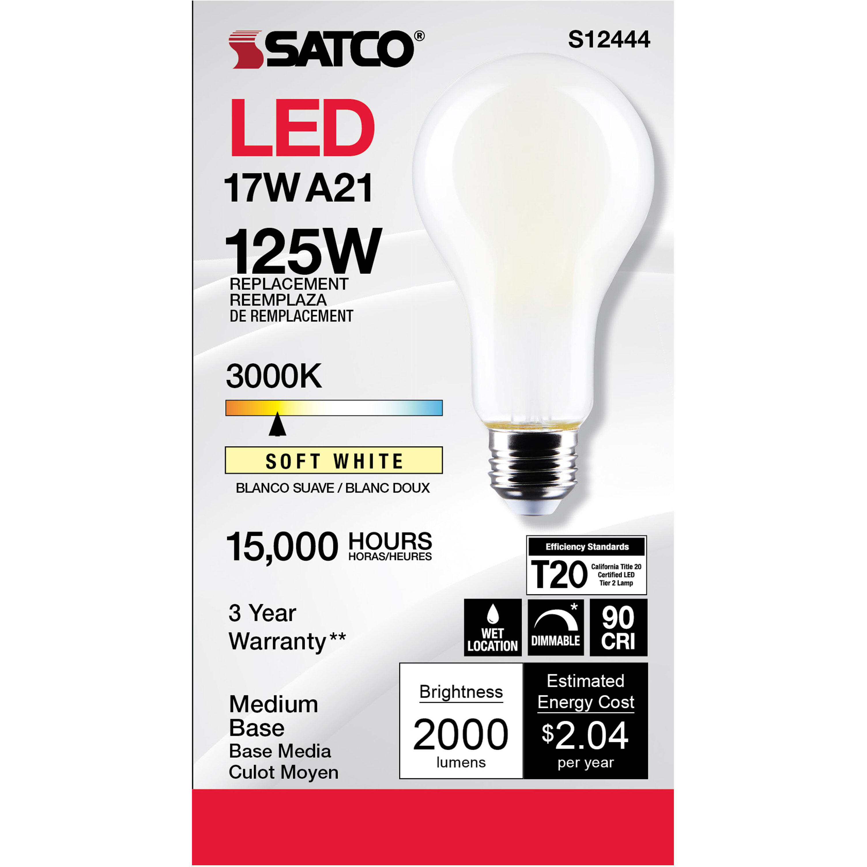 Satco S12444 Lumos LED Medium Type A21 17.00 watt 3000K Light Bulb