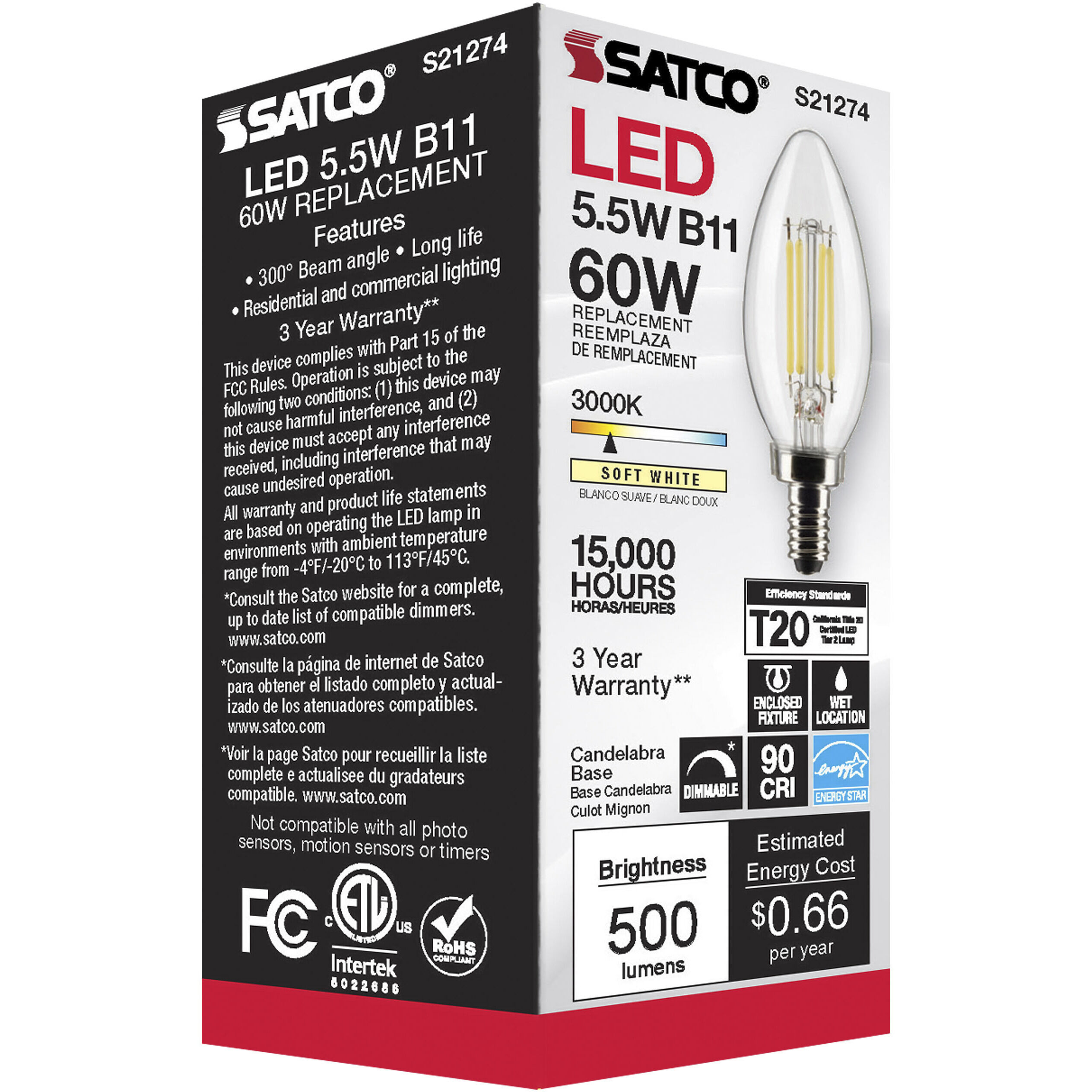 Satco S21274 Lumos LED Candelabra Candelabra 5.50 watt 3000K LED Filament
