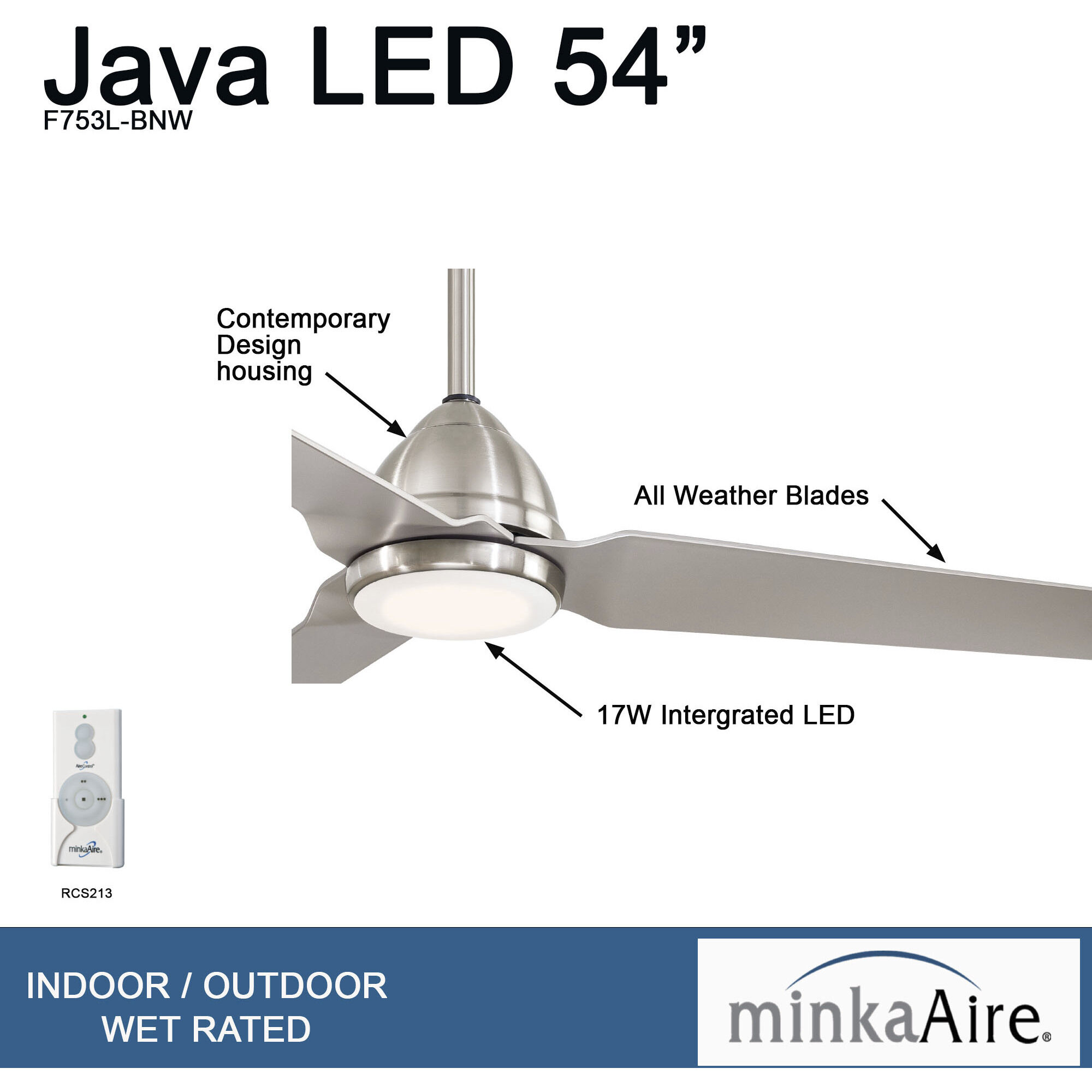 Minka-Aire F753L-BNW Java 54 inch Brushed Nickel Wet with Silver Blades ...
