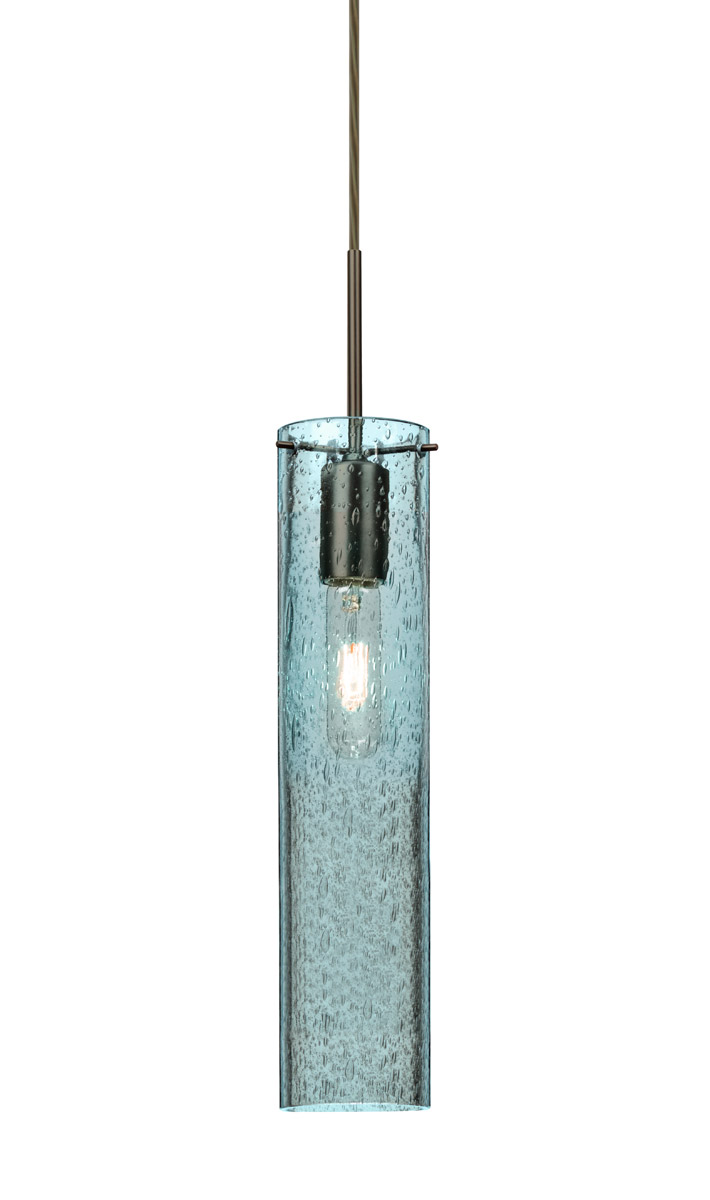 Besa Juni 1 Light Pendant in Bronze with Blue Bubble Glass 1JT-JUNI16BL-BR