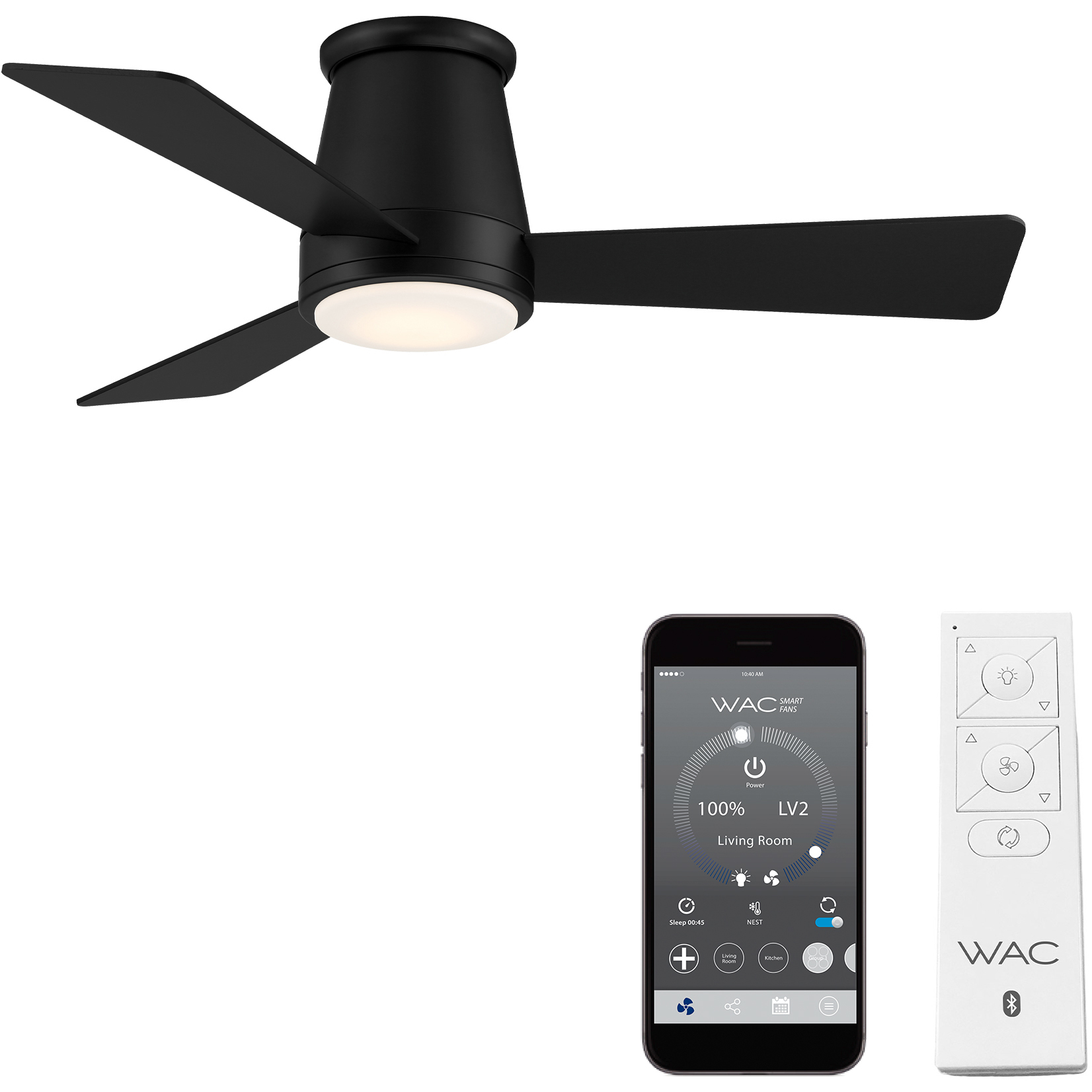 WAC Lighting F-036L-MB Hug 44 inch Matte Black Flush Mount Ceiling Fans ...